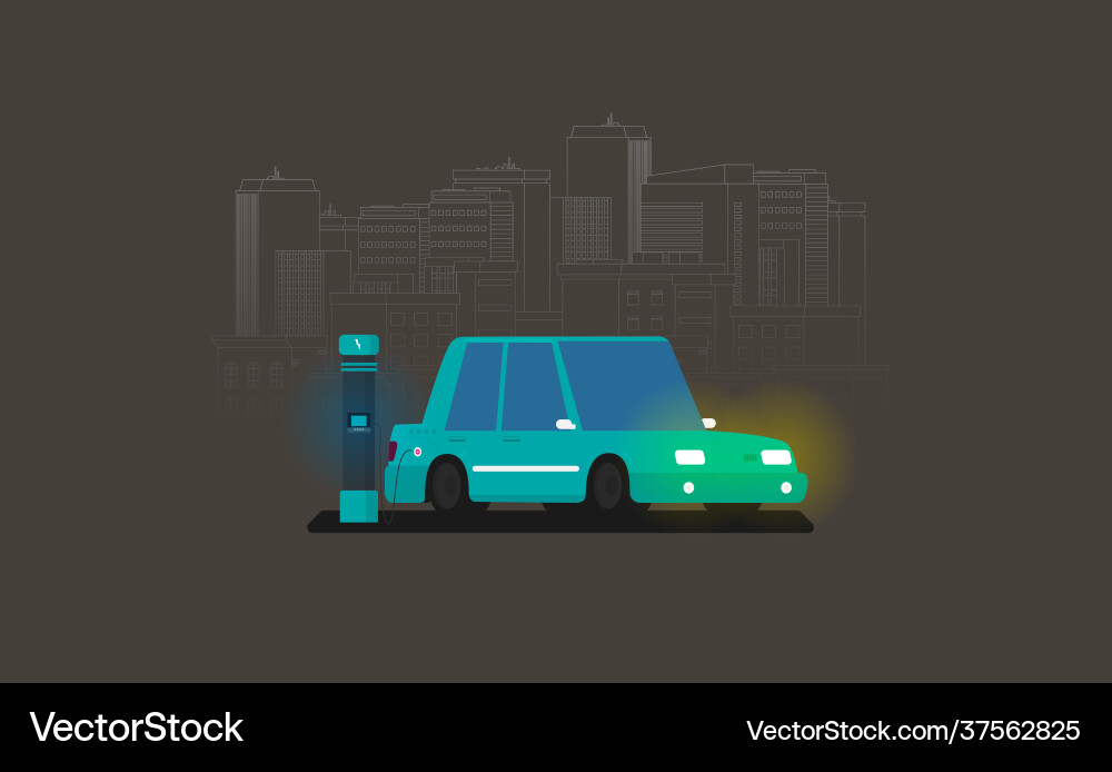 Flat electric car charging at charger Royalty Free Vector