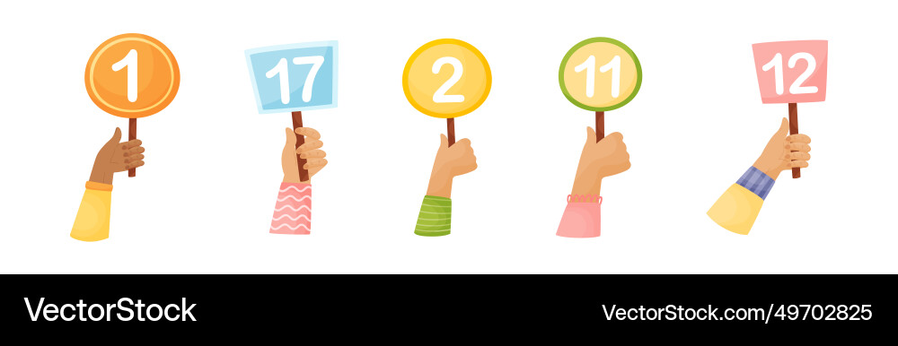 Numbers in raised up hands as numeric scorecard Vector Image