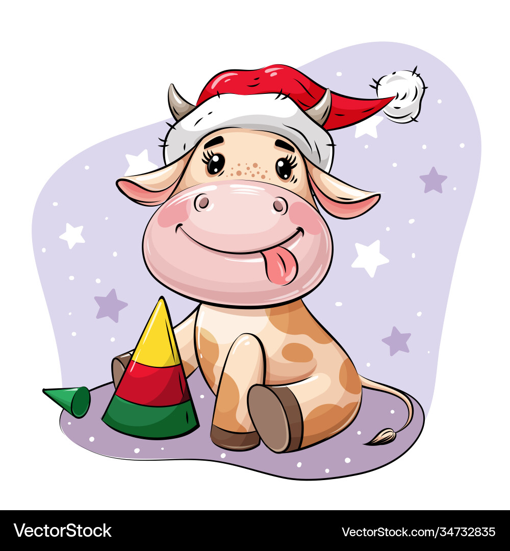 Cute cartoon bull in santa hat with christmas gift