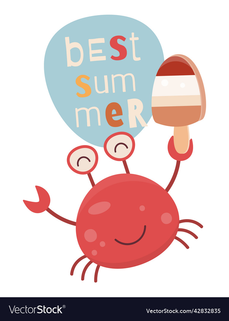 Cute crab with ice cream summer poster Royalty Free Vector