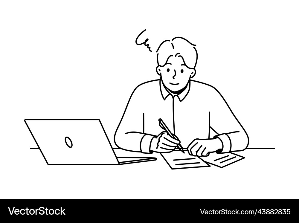 Man work on laptop make notes paper Royalty Free Vector