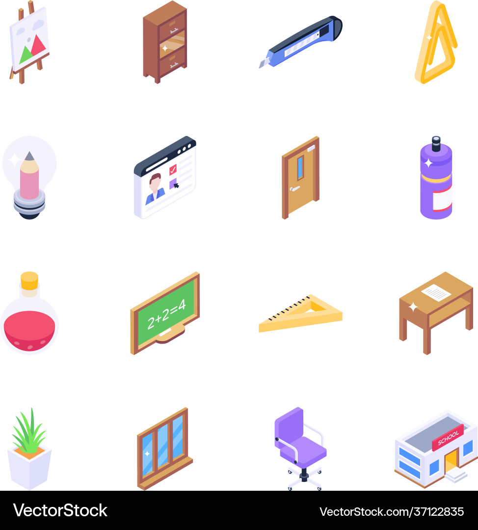 Set school equipment isometric icons Royalty Free Vector