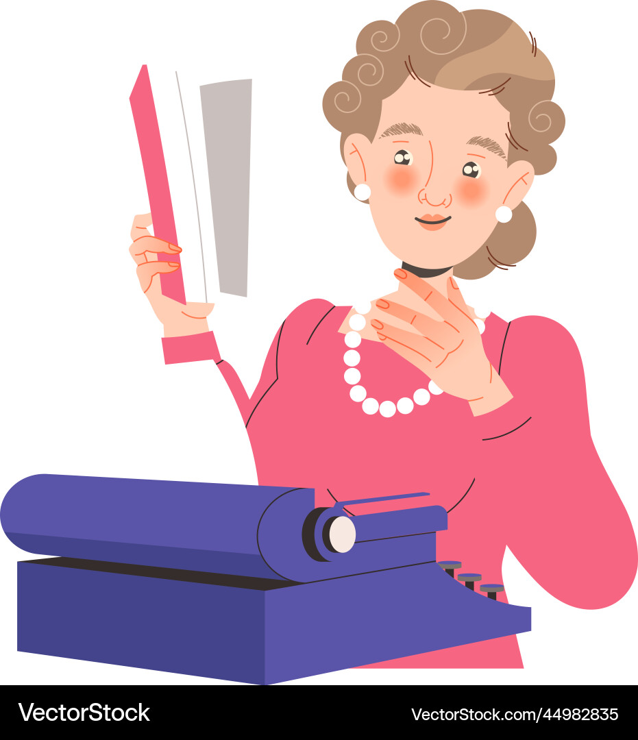 Woman writer with notepad at typewriter engaged Vector Image