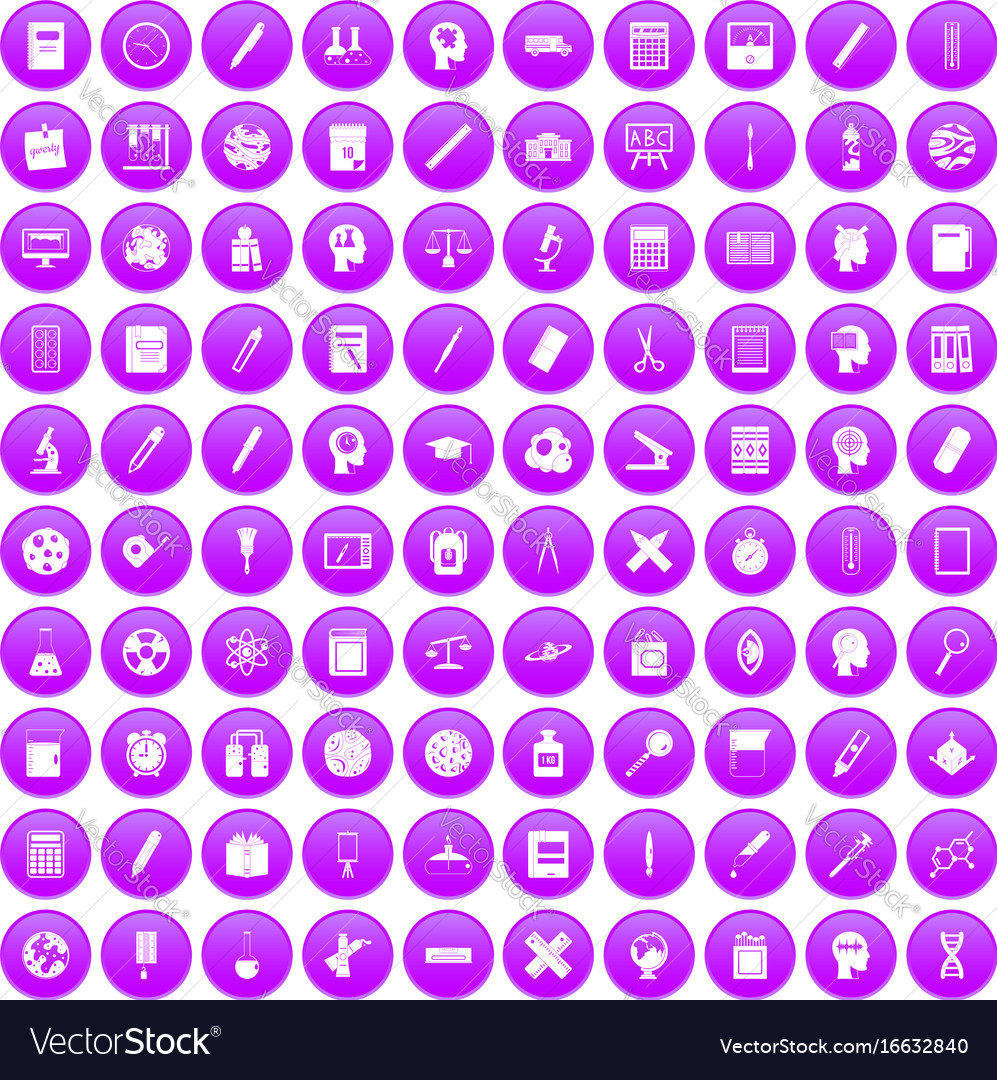 100 learning icons set purple Royalty Free Vector Image
