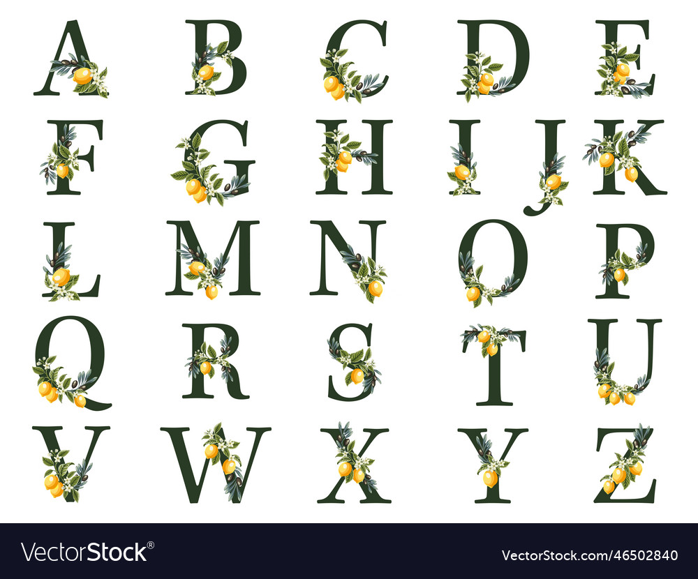 Decorated alphabet set of lemon letters Royalty Free Vector