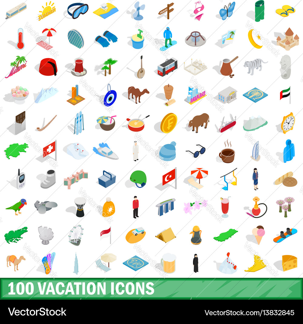 100 vacation icons set isometric 3d style Vector Image