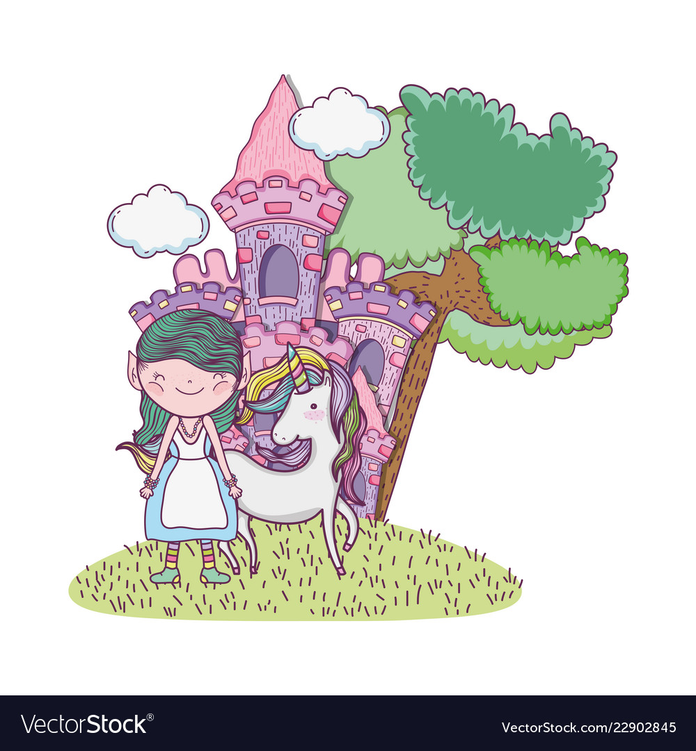 Cute little fairy with castle and unicorn Vector Image
