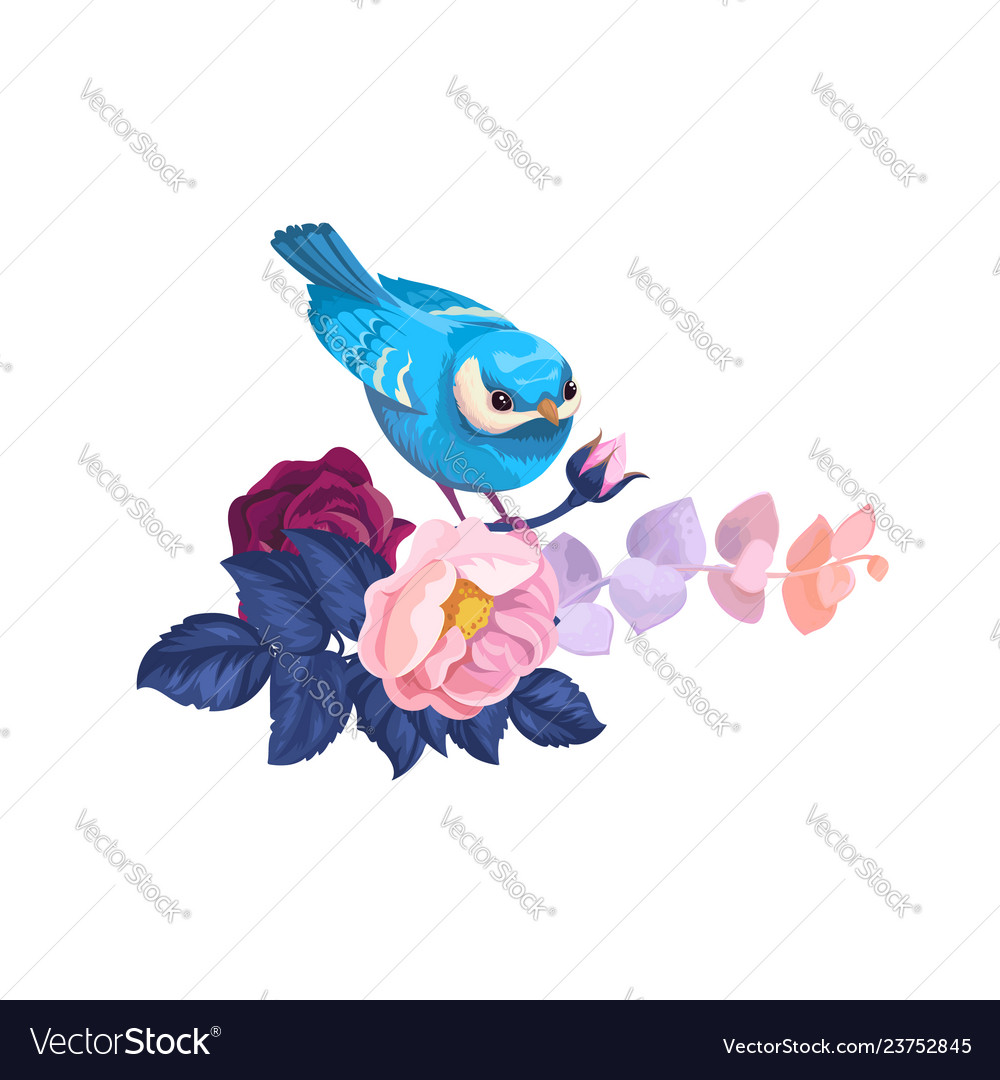 Spring bird on flower branch watercolor artwork Vector Image