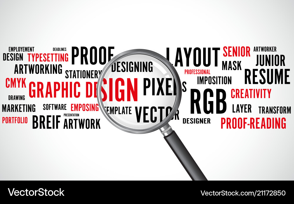Graphic design word background with a magnifying g