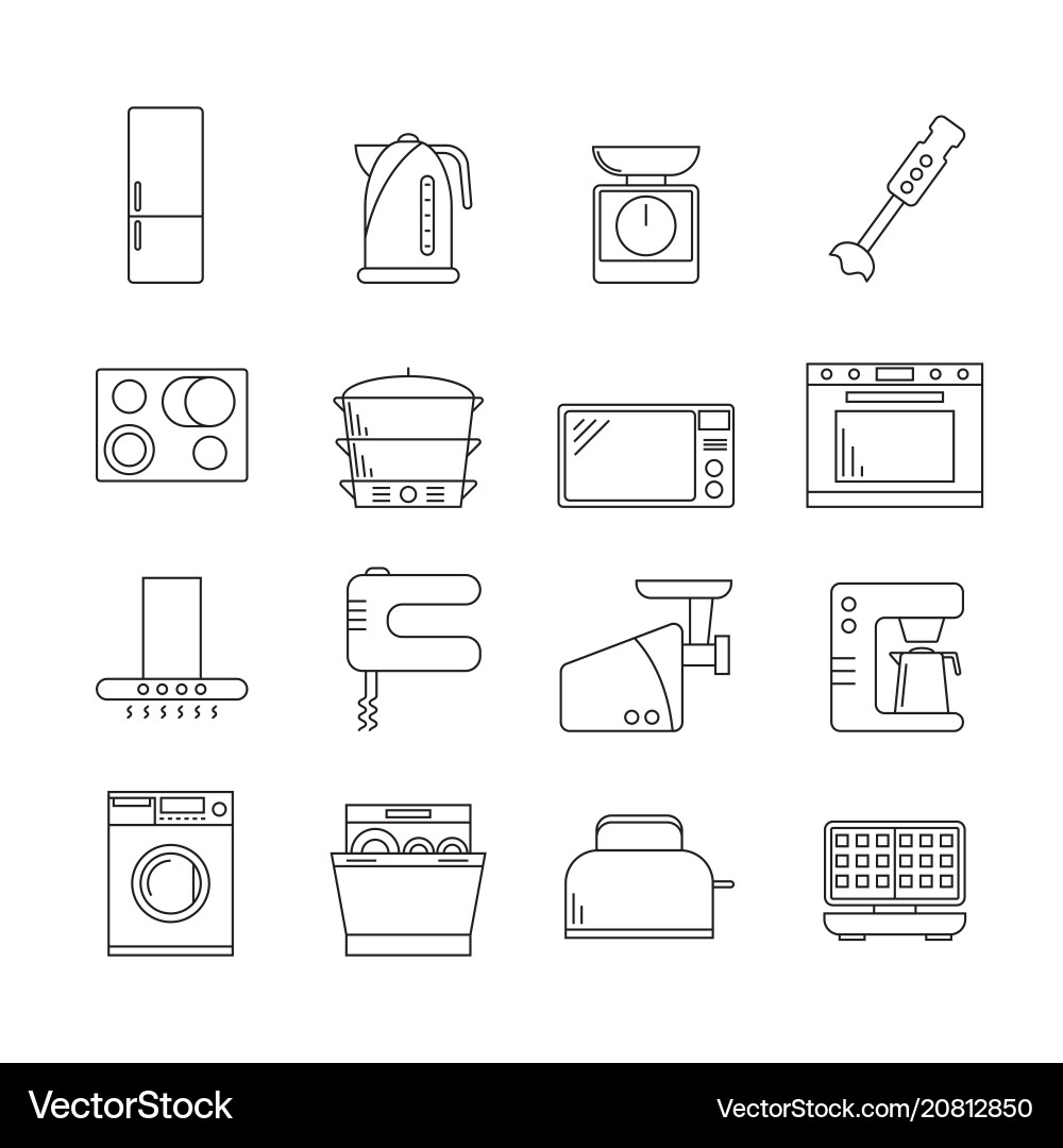 Kitchen appliances signs black thin line icon set Vector Image