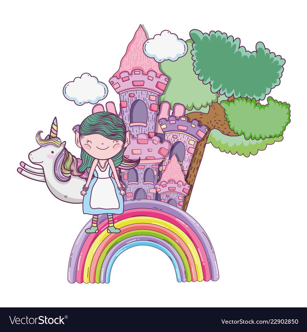 Little fairy with castle and unicorn in rainbow Vector Image