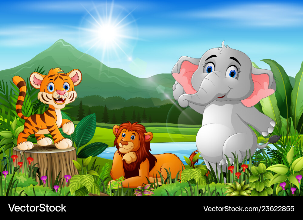Landscape forest with happy animals cartoon Vector Image