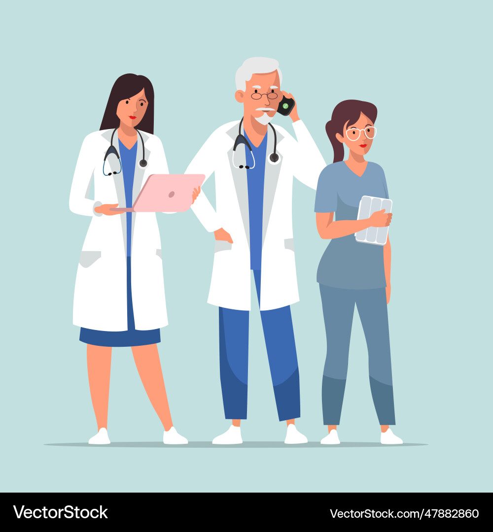Group of doctors using gadgets and consult Vector Image