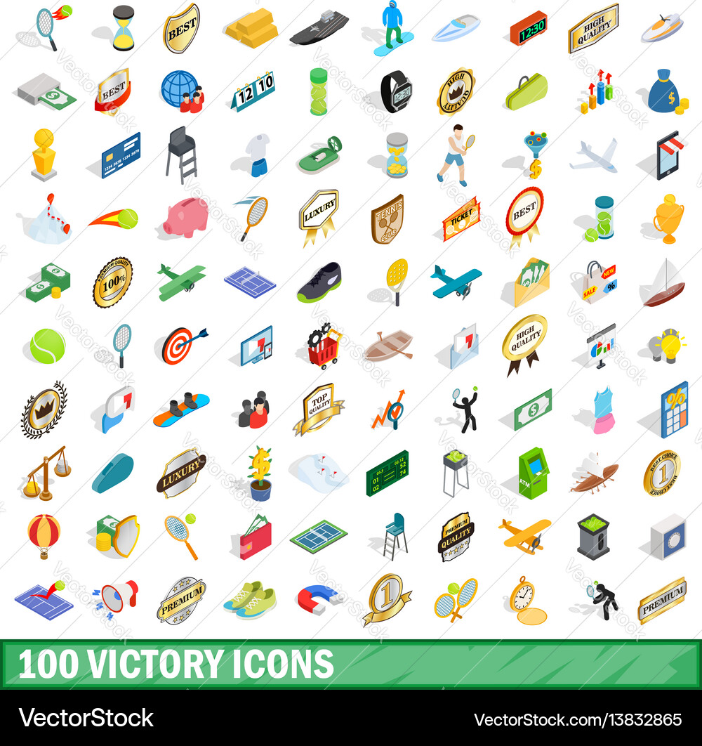 100 victory icons set isometric 3d style Vector Image
