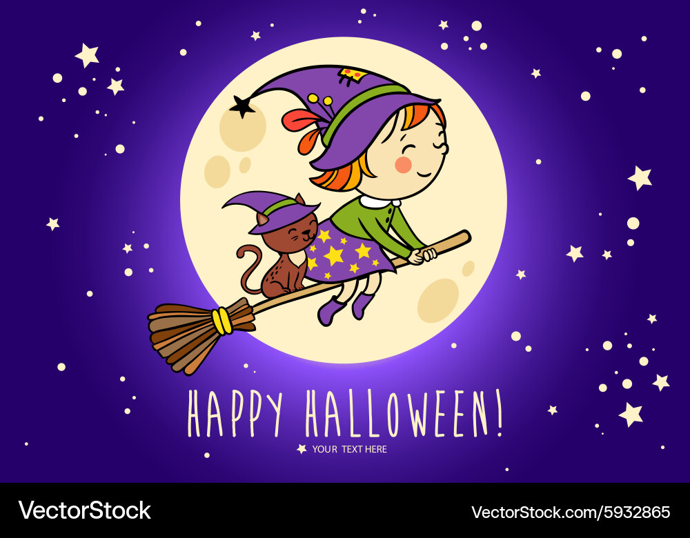 Halloween card with funny witch and her cat Vector Image