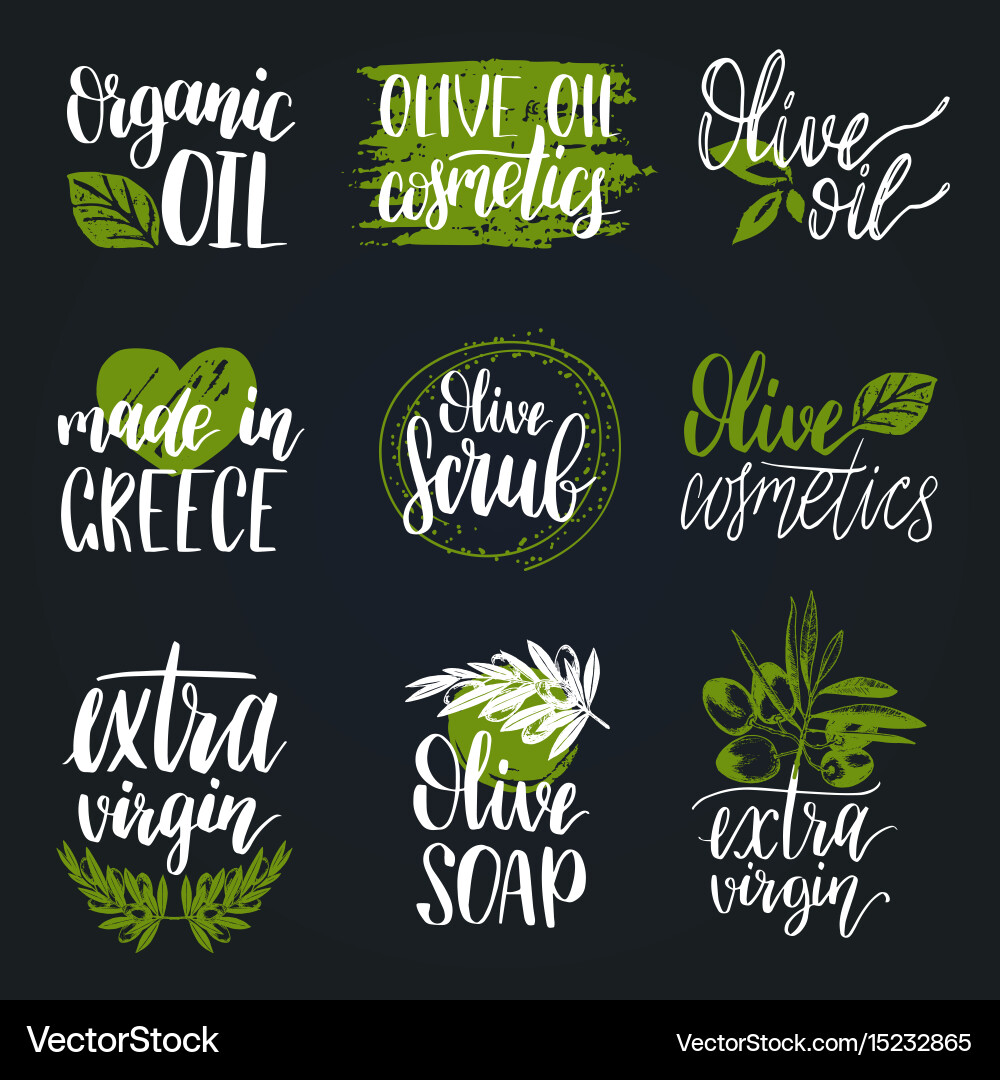 Hand lettering olive production signs Royalty Free Vector