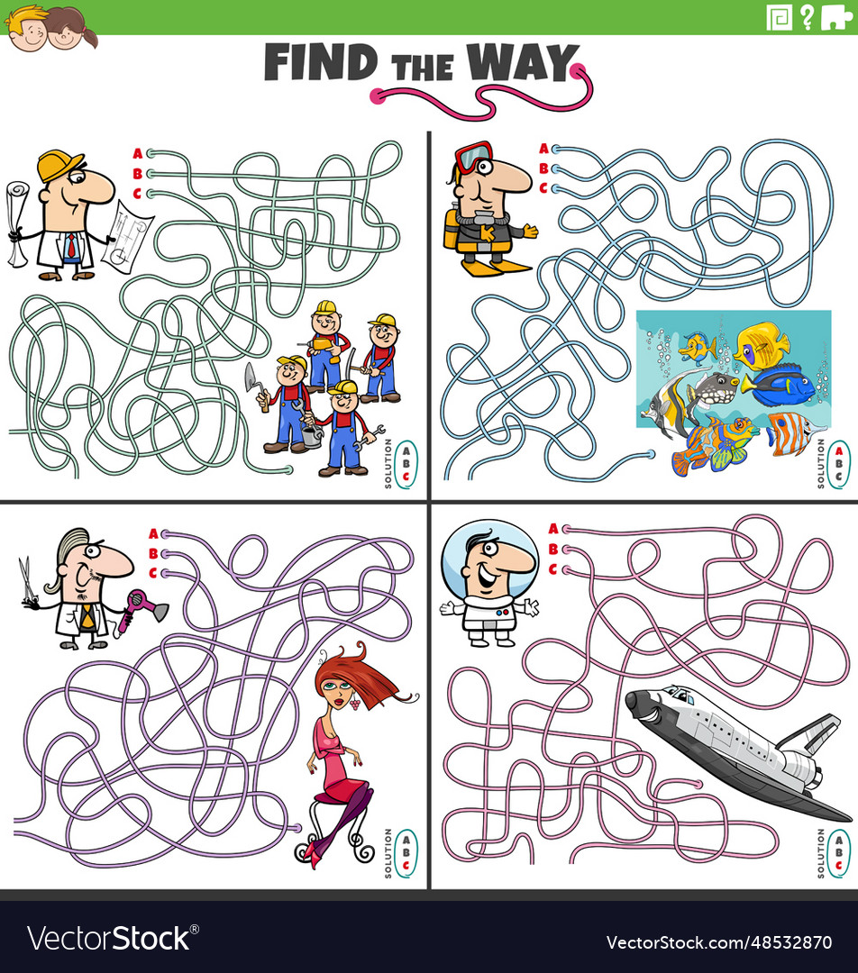 Find the way maze games set with people Royalty Free Vector