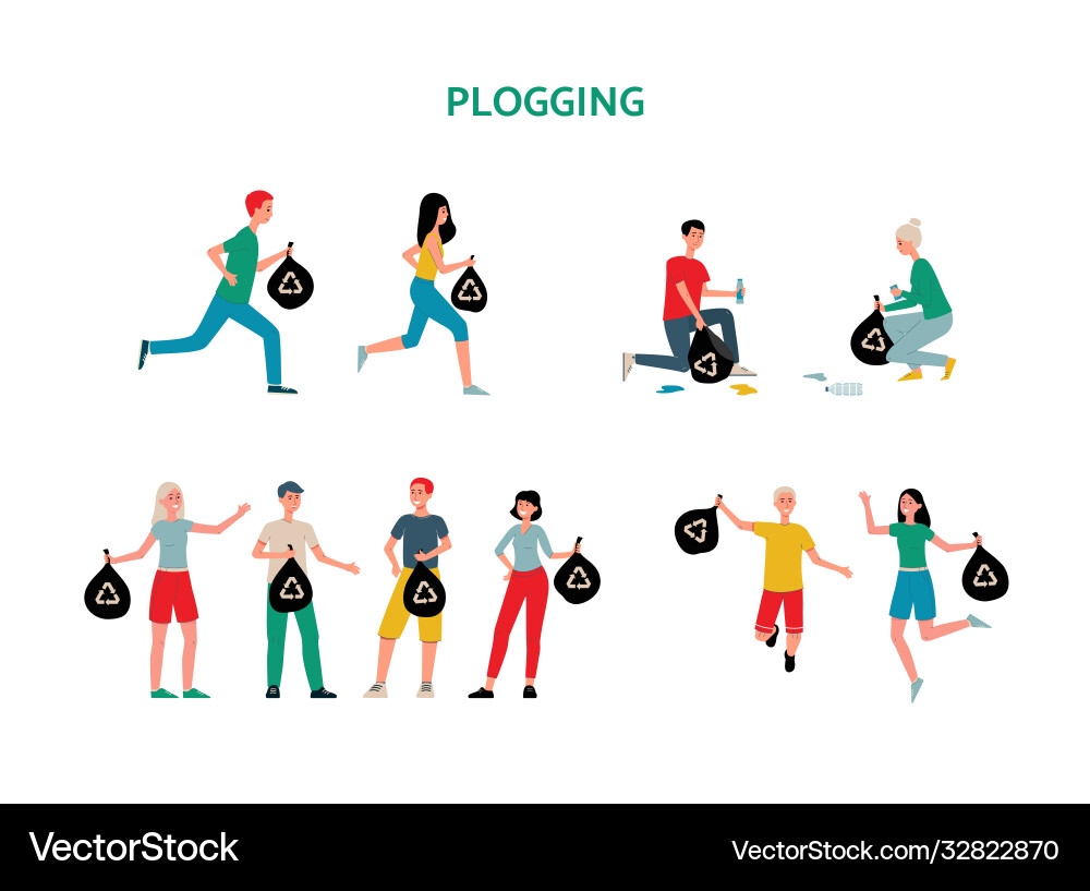 Plogging initiative characters and icons set flat Vector Image