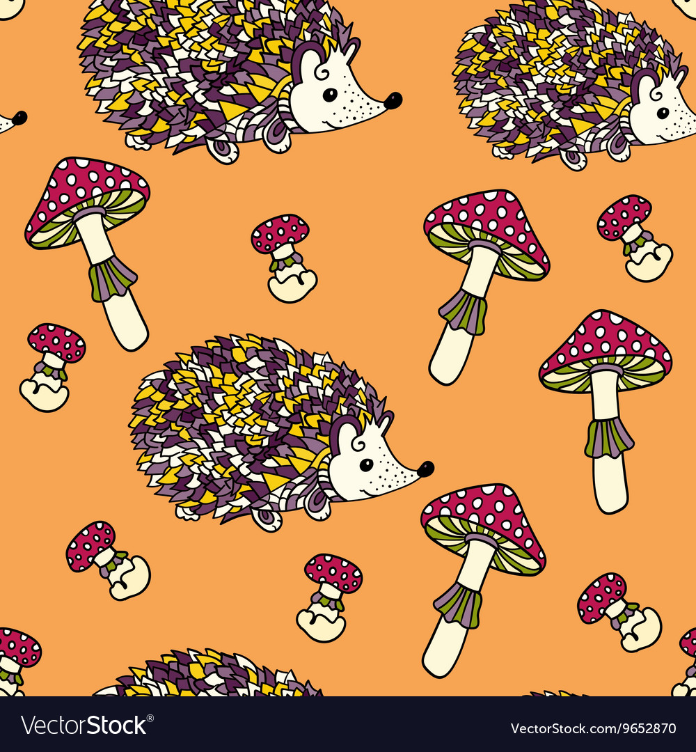 Seamless pattern with hedgehogs and mushrooms Vector Image