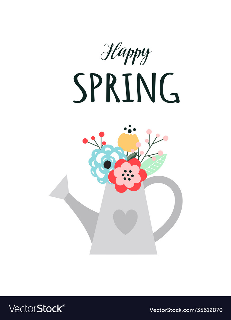 Spring card with watering can and flowers Vector Image