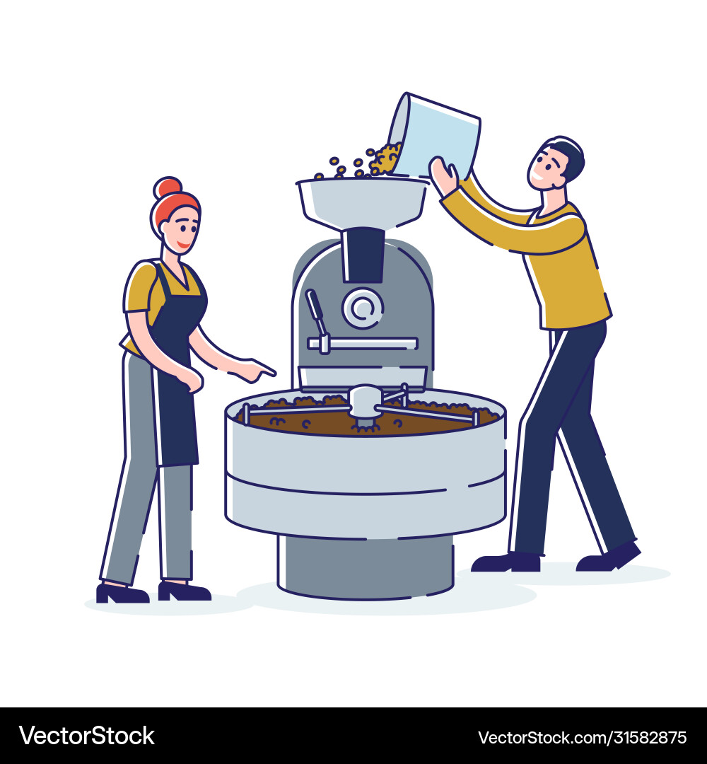 Coffee shop workers roasting fresh bean in roaster