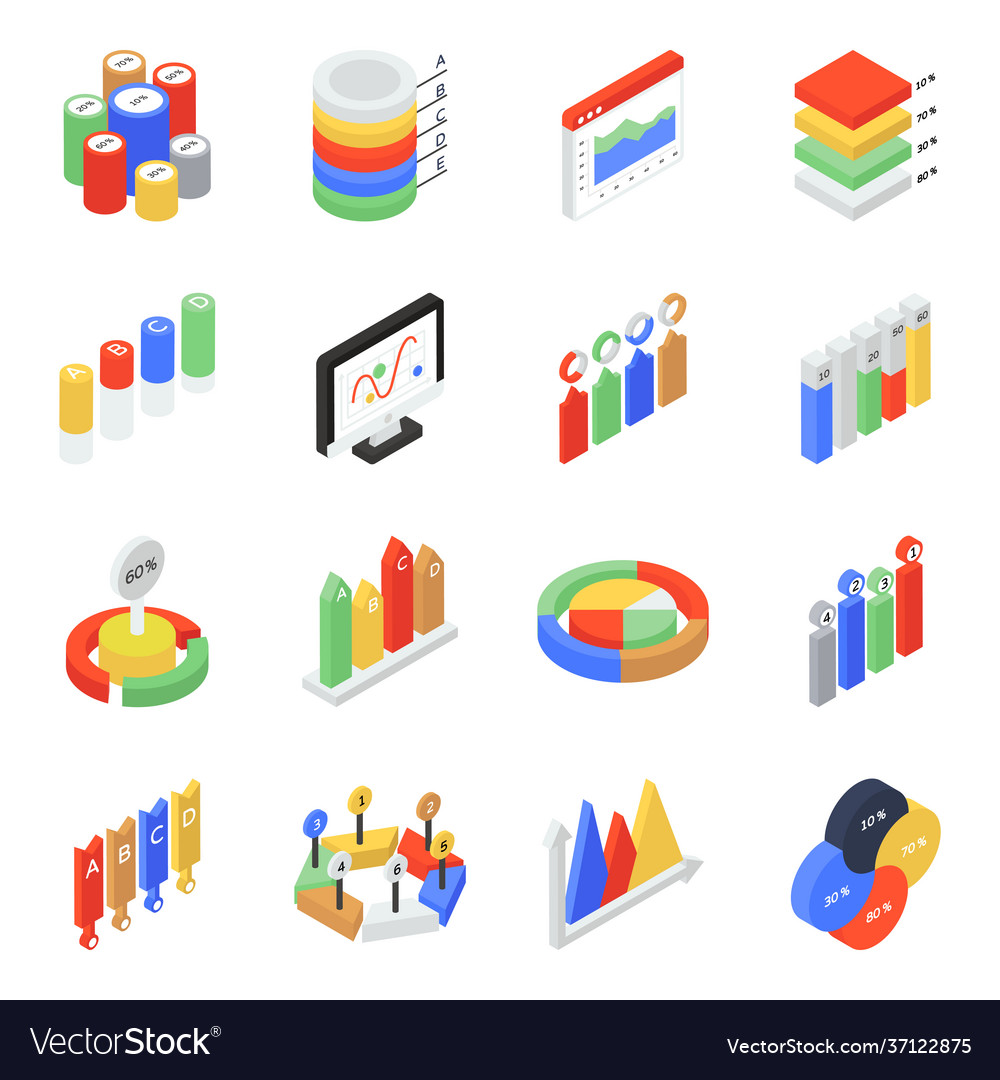Isometric icons business analysis Royalty Free Vector Image