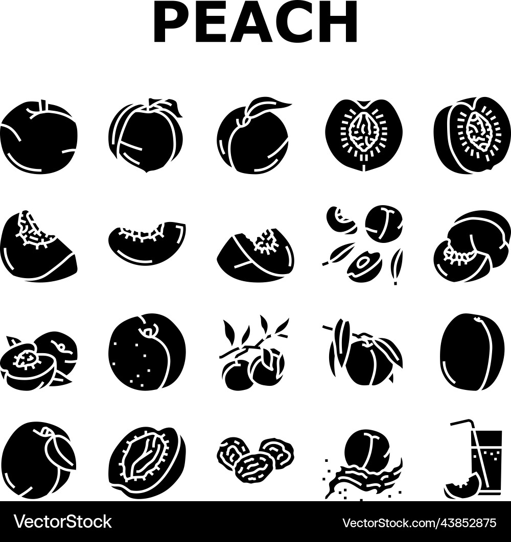 Peach fruit nectarine juicy icons set Royalty Free Vector