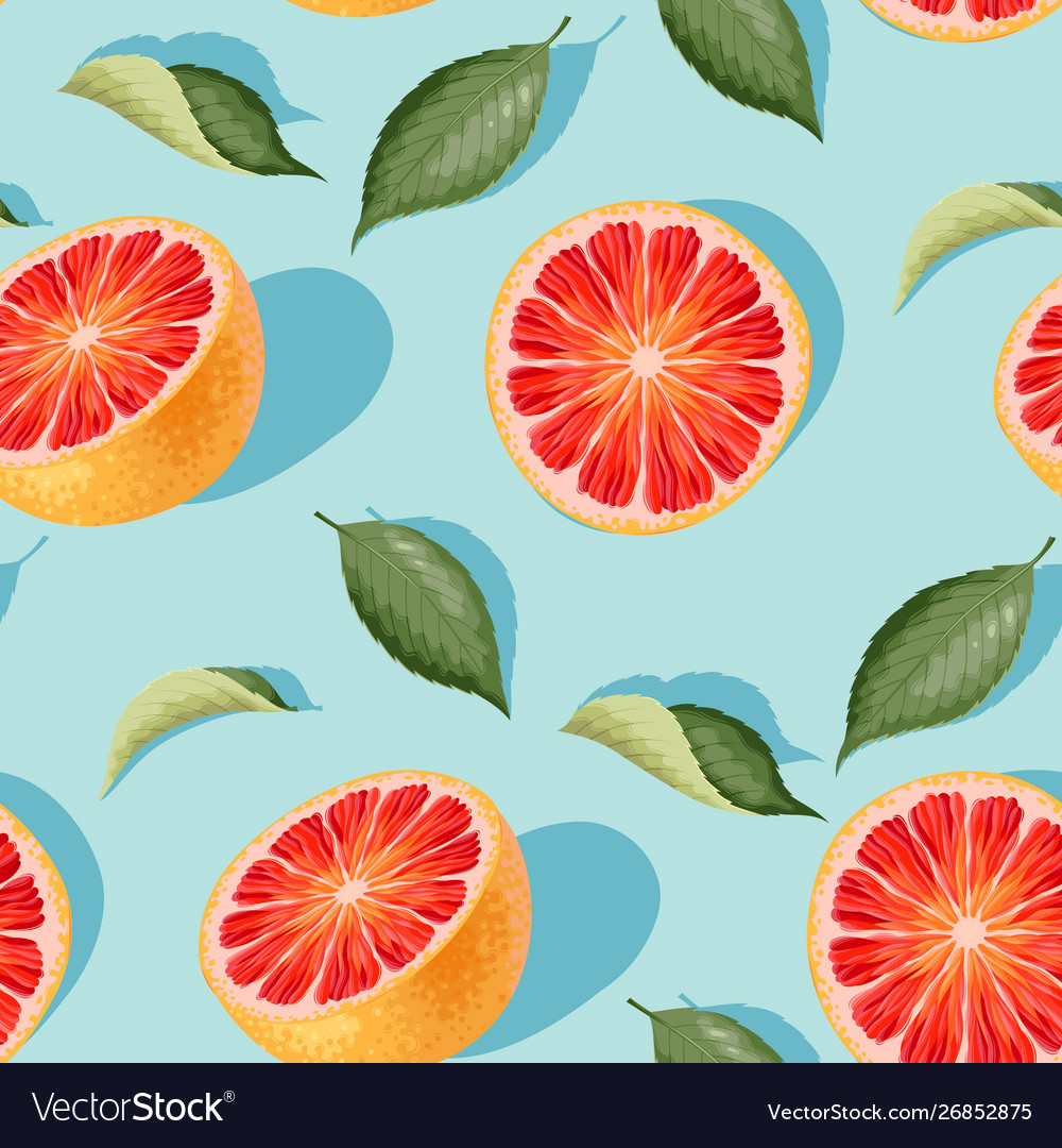Seamless pattern with grapefruit slices and leaves