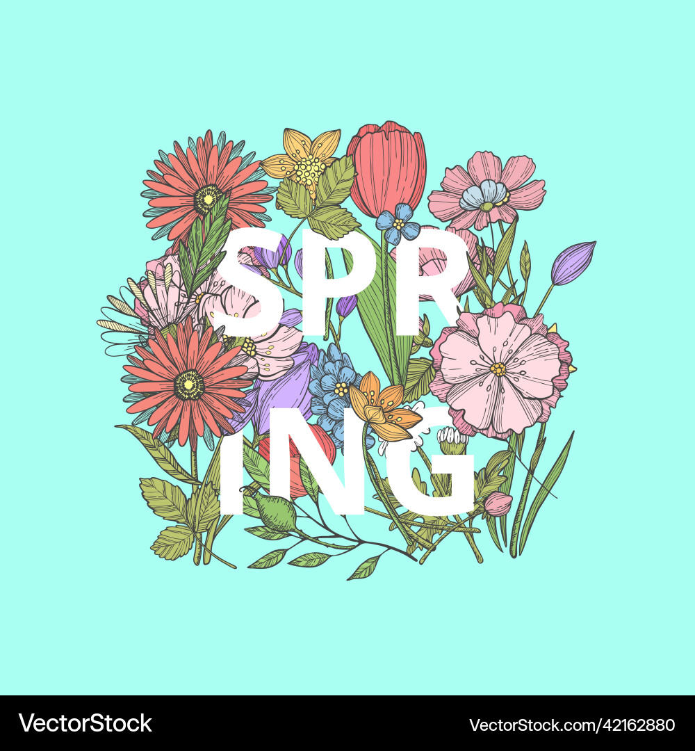Hand drawn flowers concept with word spring Vector Image