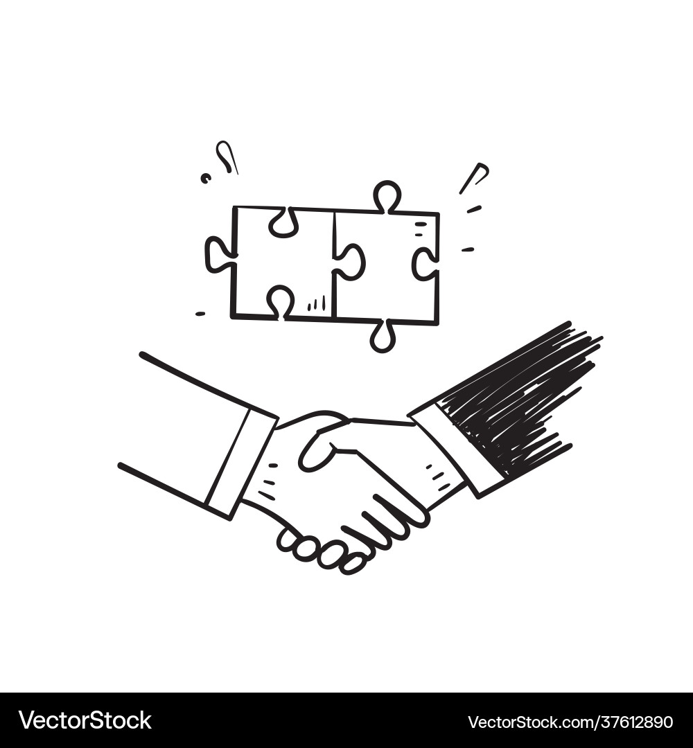 Hand drawn doodle handshake and puzzle symbol Vector Image