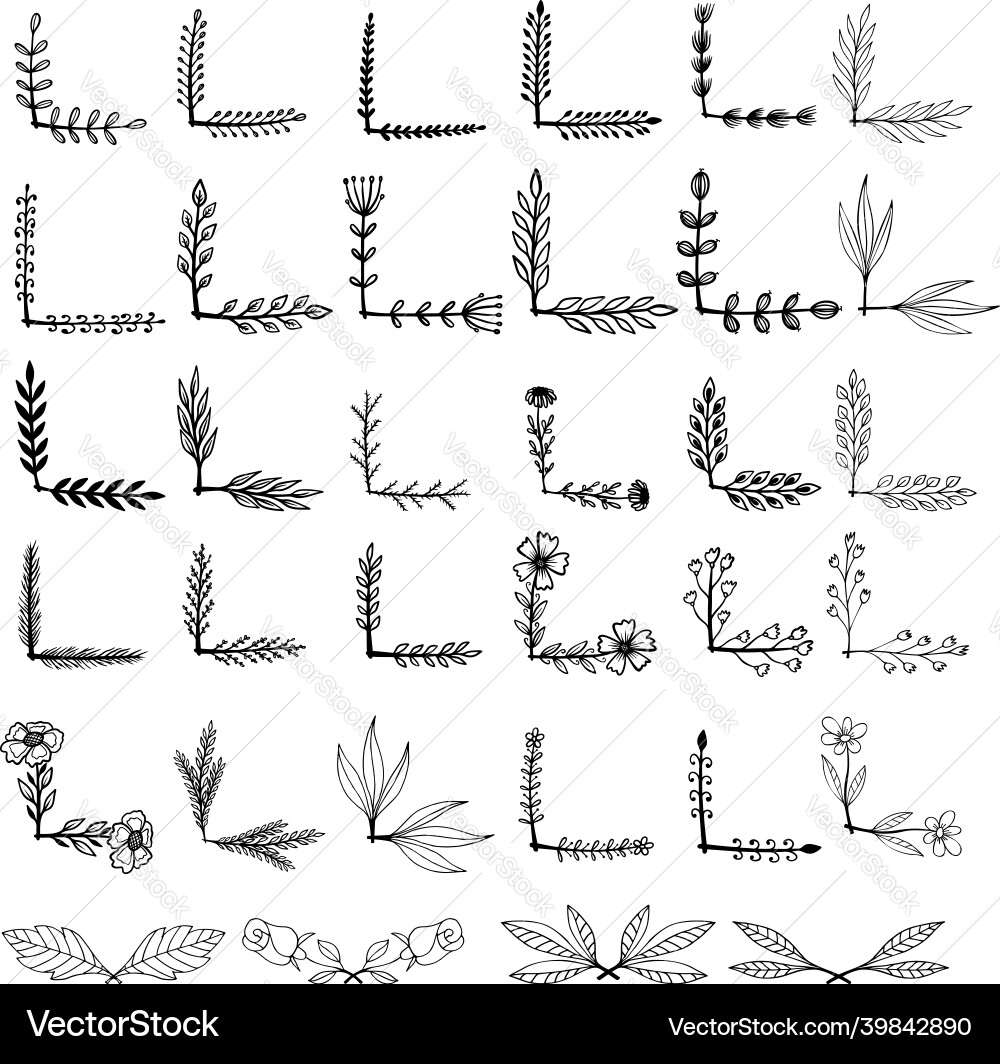 Set of hand drawn floral corners text Royalty Free Vector