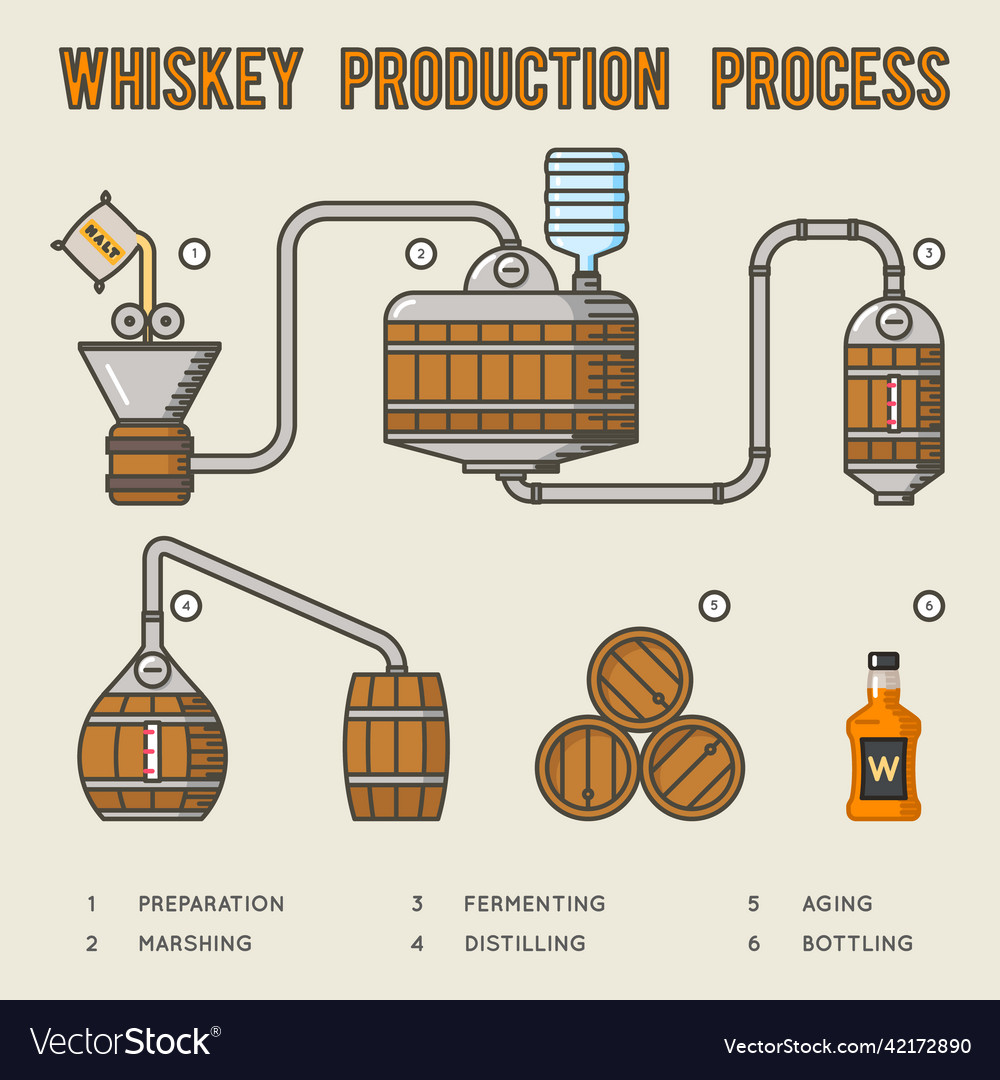 Whiskey production process distillation and aging Vector Image