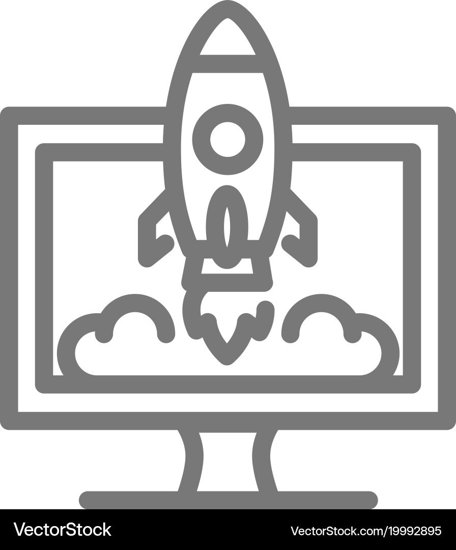 Simple rocket with computer monitor line icon Vector Image