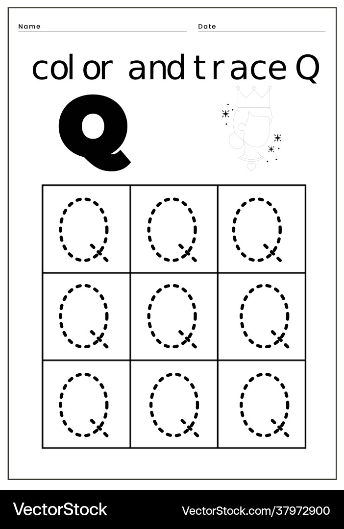 Color and trace alphabet q worksheet Royalty Free Vector