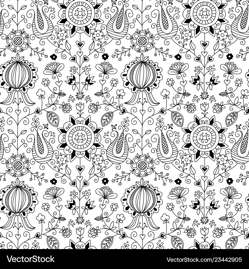 Black and white floral folk seamless pattern Vector Image