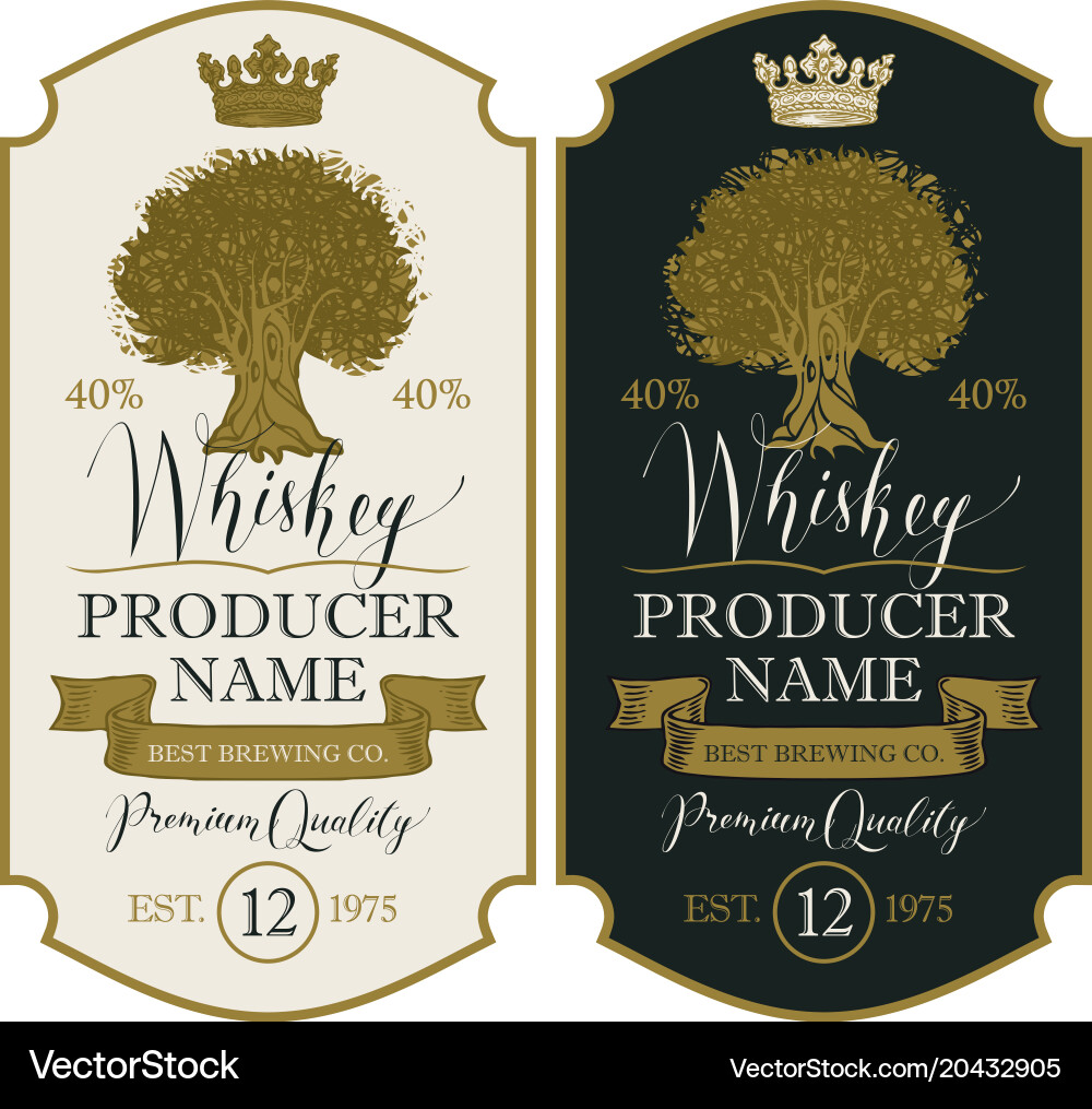 Labels for whiskey with crown and oak tree Vector Image