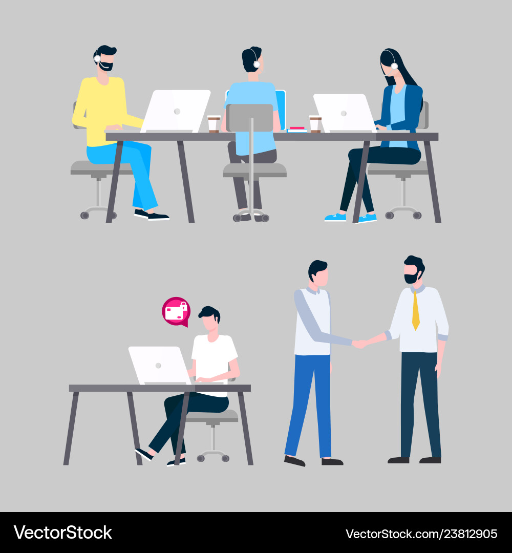 Online support workers at laptops with headphones Vector Image