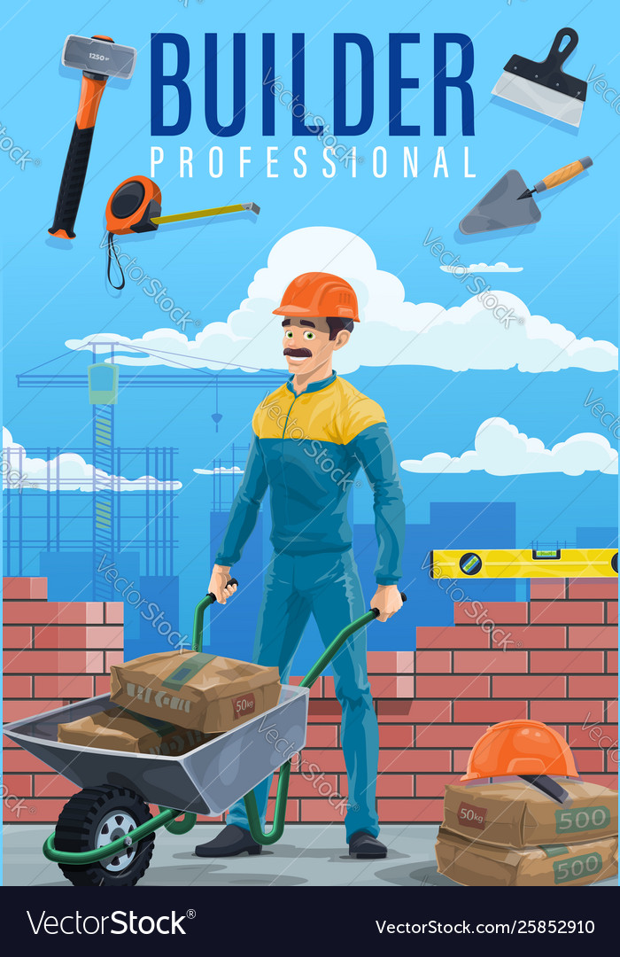 Builder or construction worker with work tools Vector Image