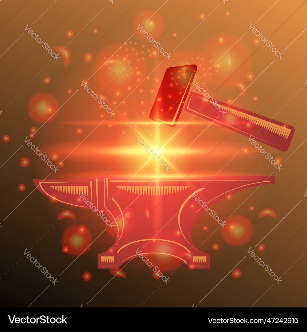 Anvil and hammer icon with yellow red flash Vector Image