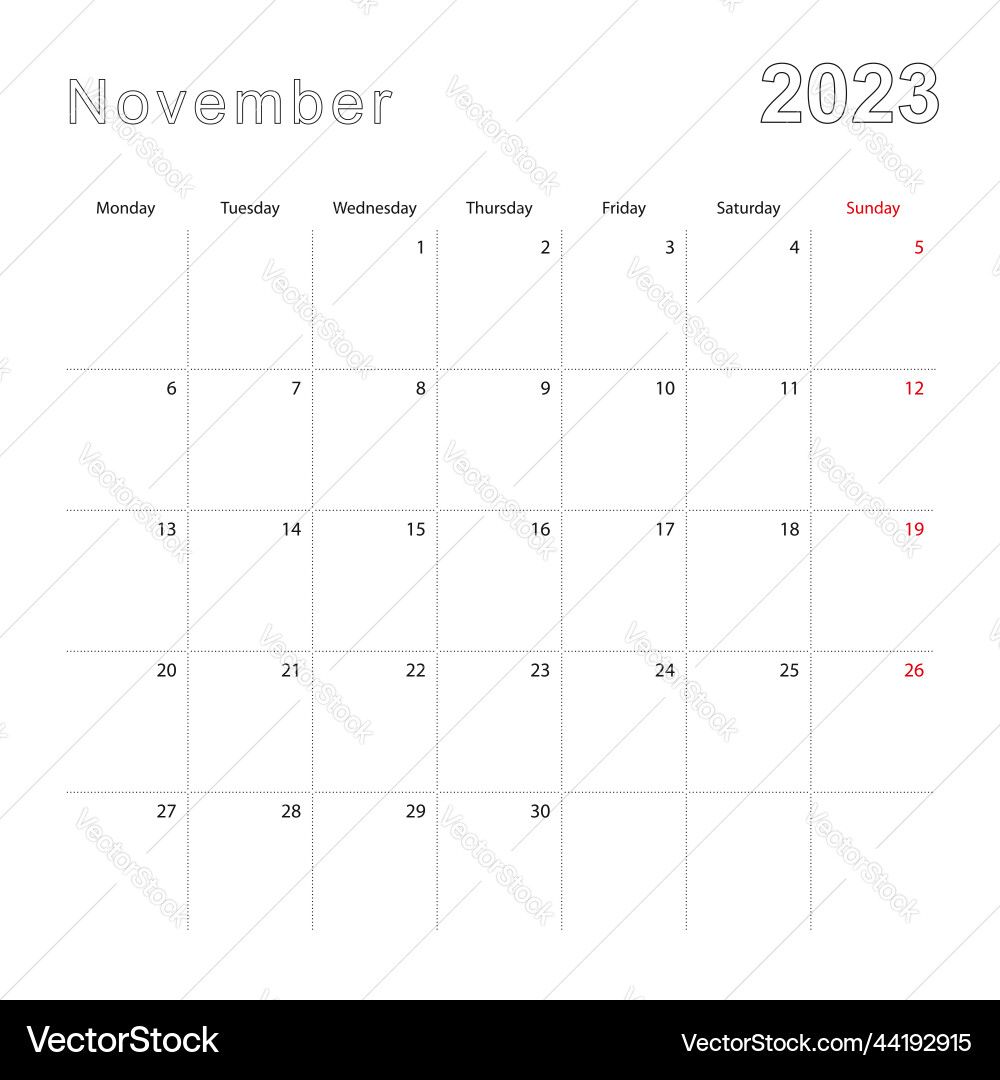 Simple wall calendar for november 2023 Royalty Free Vector