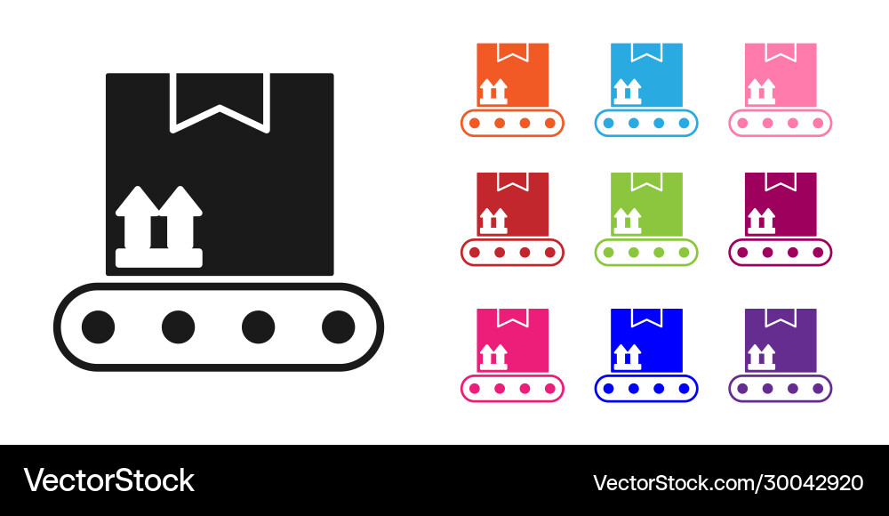 Black conveyor belt with cardboard box icon Vector Image