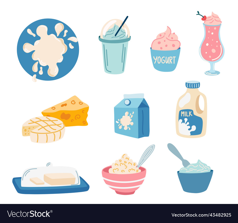 Dairy products set milk yogurt cheese butter Vector Image