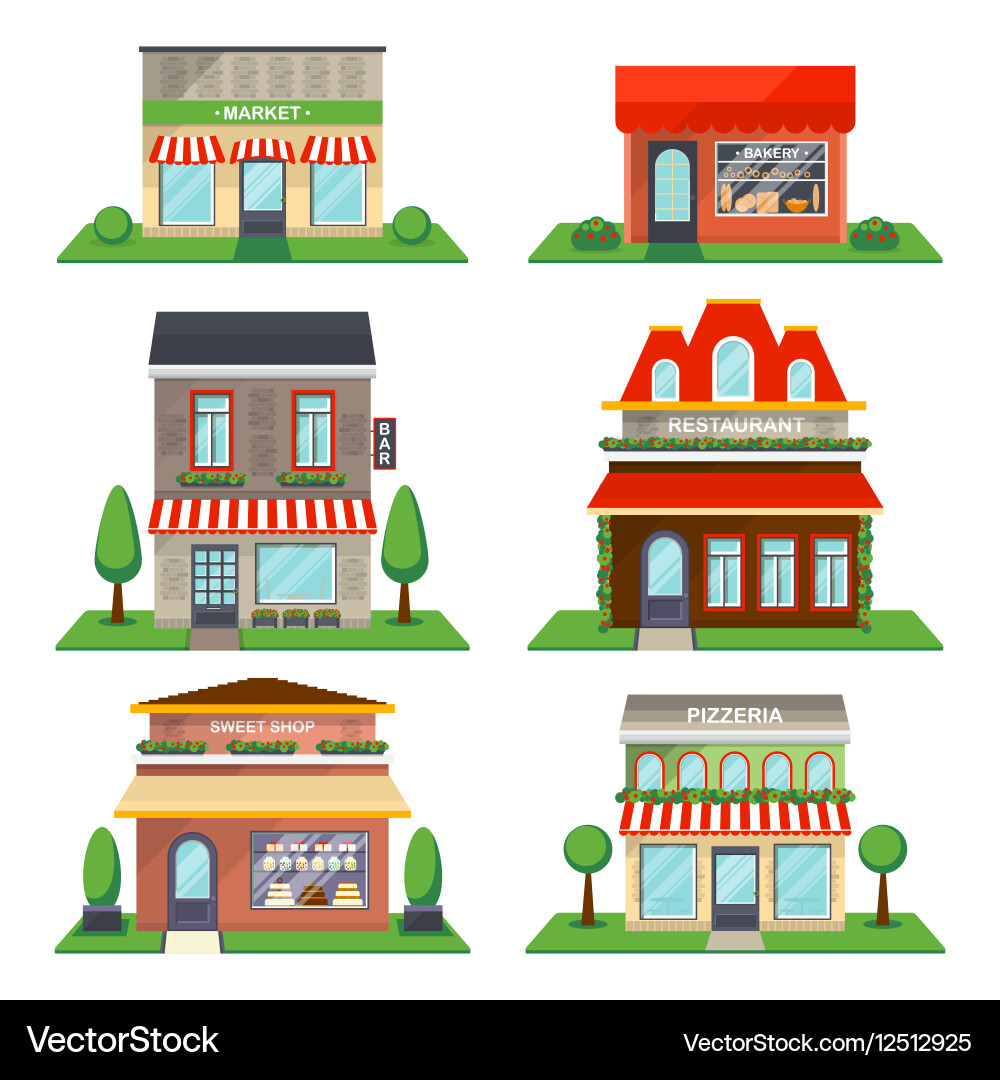 Restaurant and shop facade isolated set Royalty Free Vector