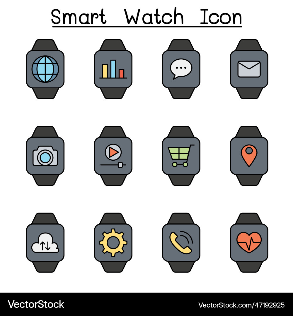 Smart watch color line icon set Royalty Free Vector Image