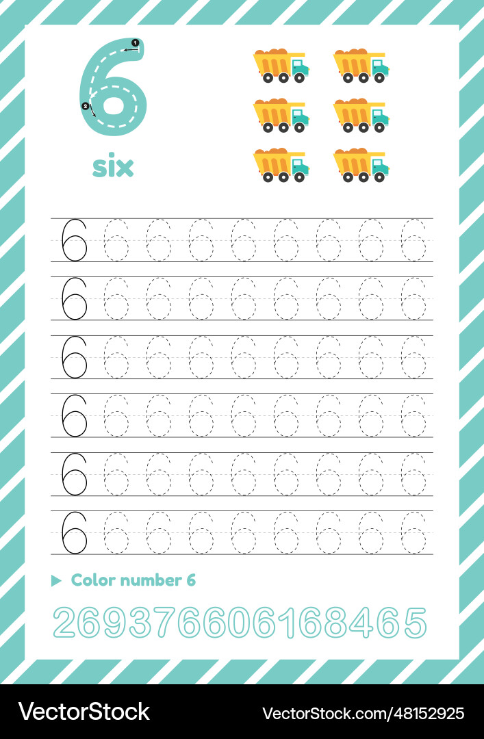 Tracing number six learn numbers count dump cars Vector Image