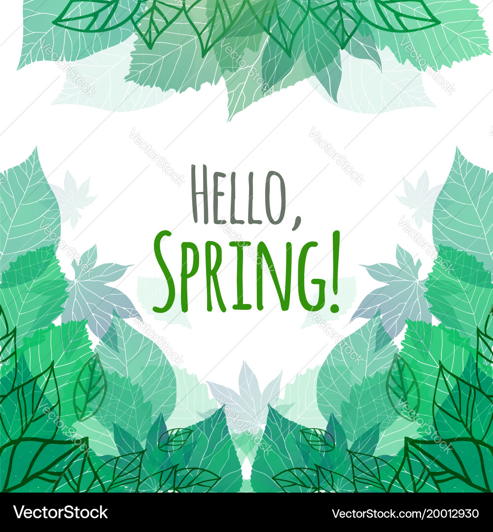 Spring card with doodle and green leaves Vector Image