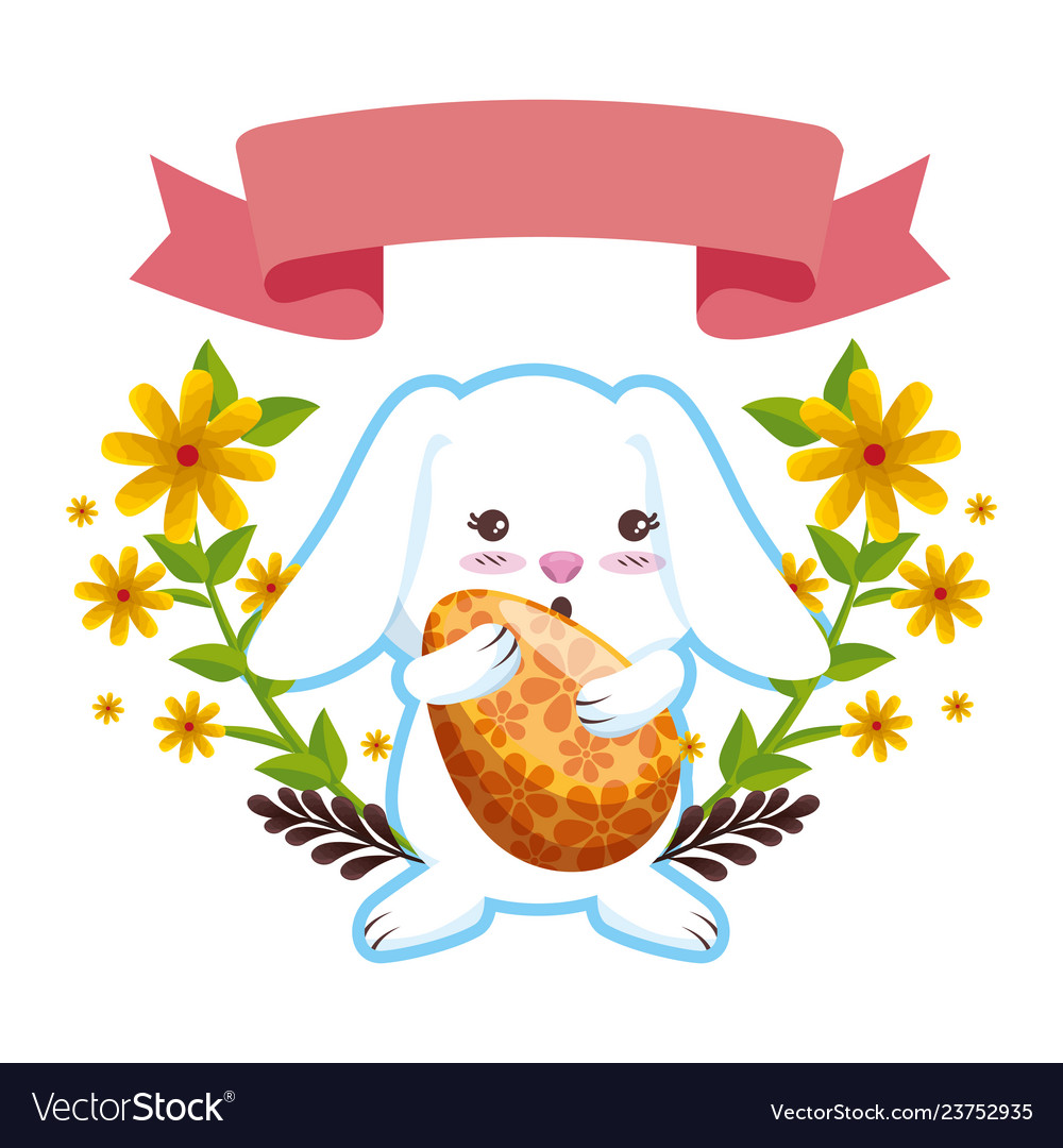 Cute rabbit with easter egg painted and flowers Vector Image
