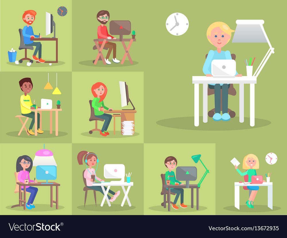 Set of people at computer in office cartoon style Vector Image Set of people at computer in office cartoon style Vector Image