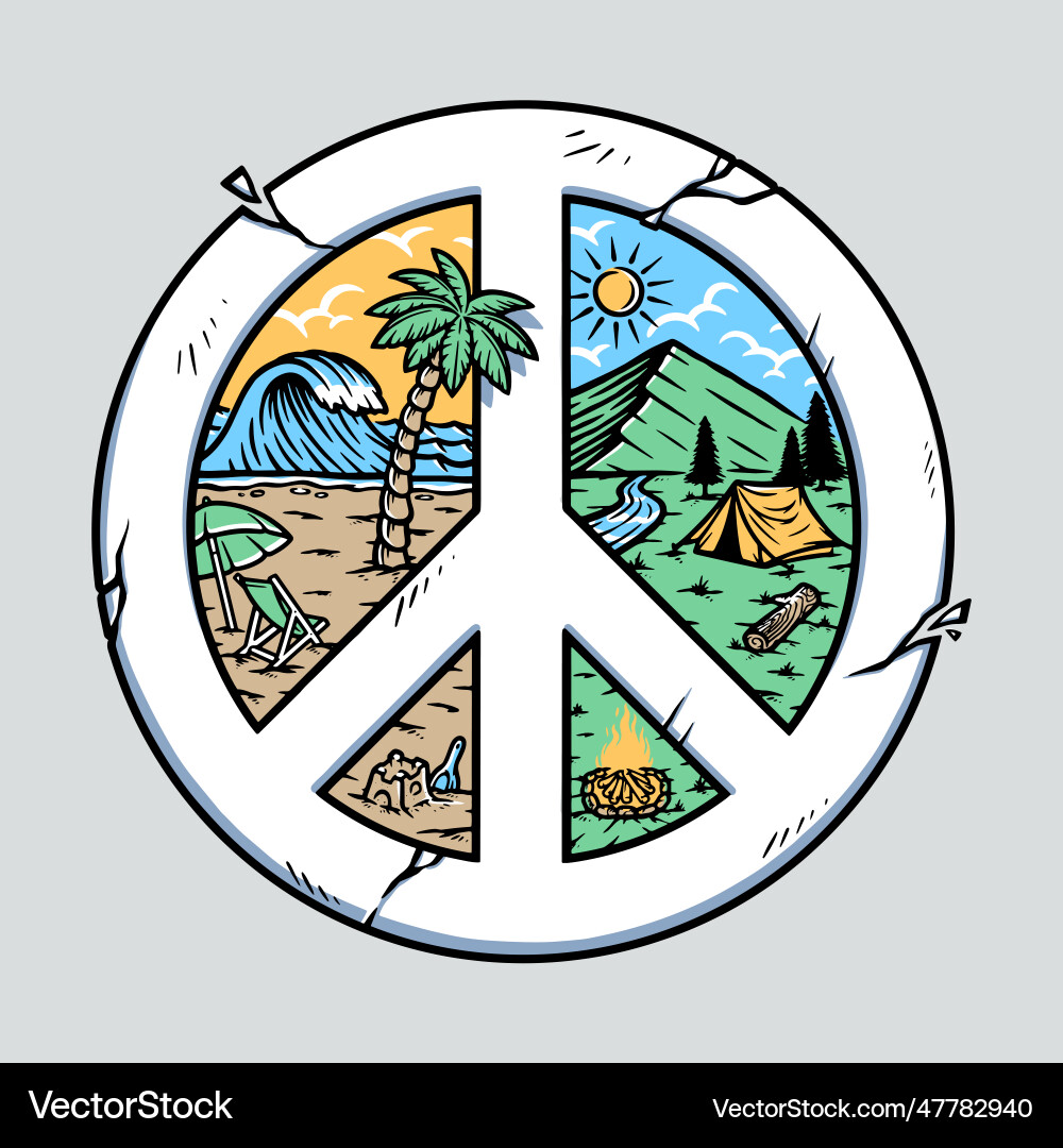 Mountain and beach with peace symbols Royalty Free Vector