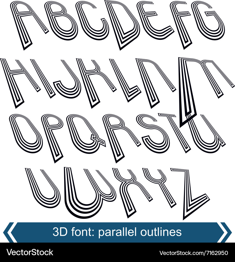 Outlined rotated font monochrome lined letters set
